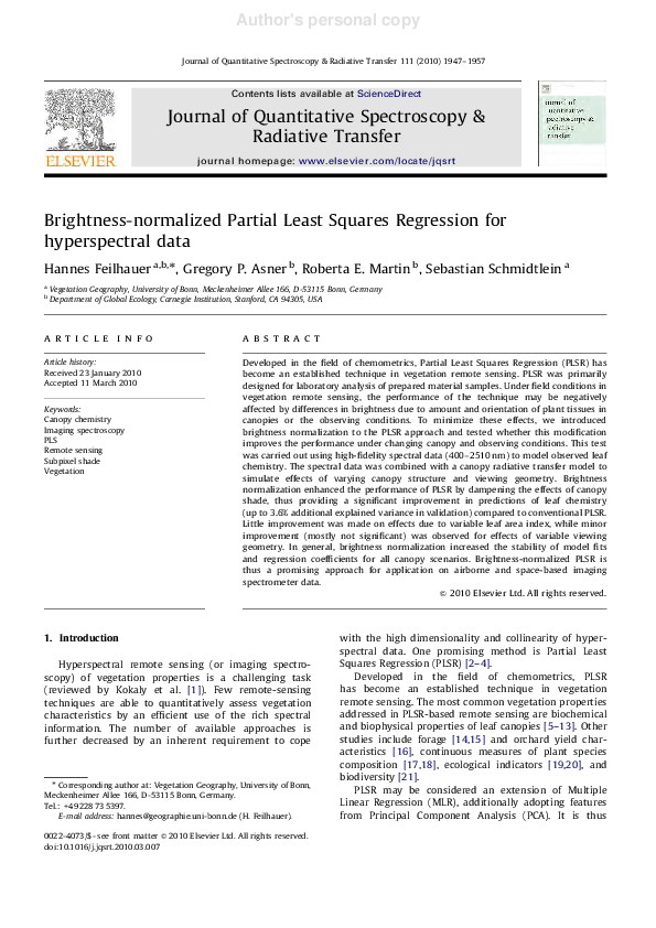 (PDF) Brightness-normalized Partial Least Squares Regression for hyperspectral data