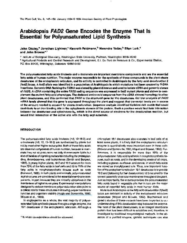 (PDF) Arabidopsis FAD2 gene encodes the enzyme that is essential for ...