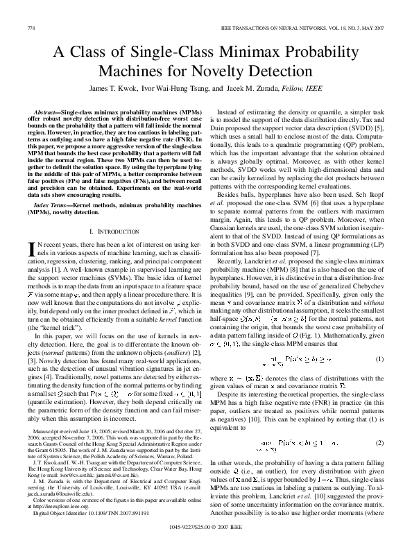 (PDF) A class of single-class minimax probability machines for novelty detection