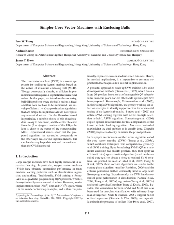 (PDF) Simpler core vector machines with enclosing balls