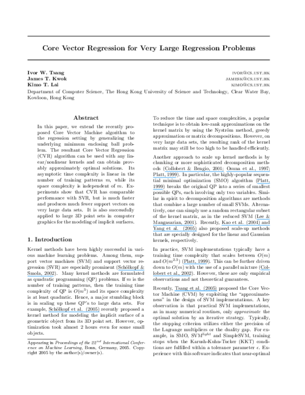 Pdf Core Vector Regression For Very Large Regression Problems Ivor Tsang