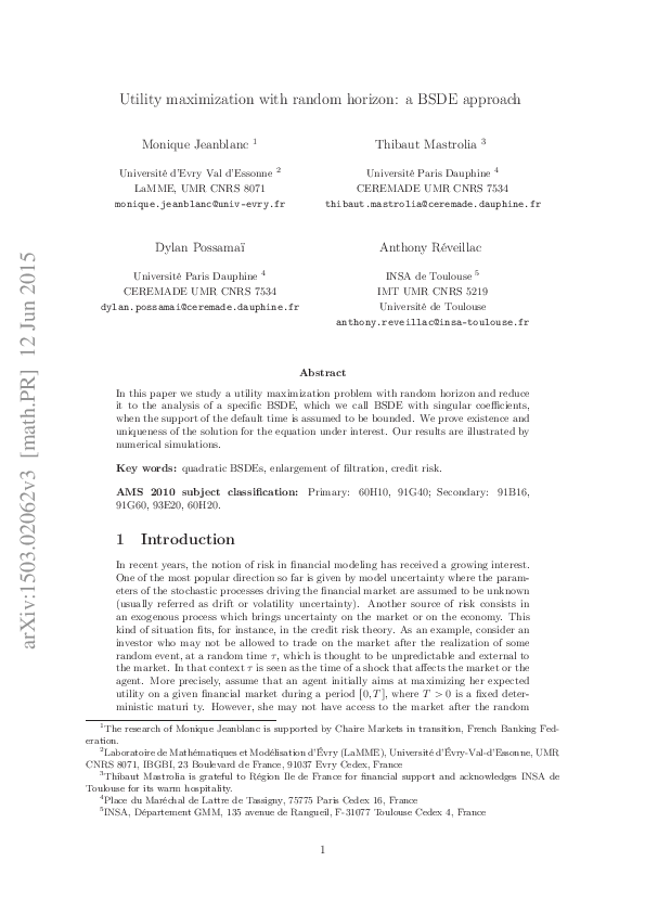 (PDF) Utility maximization with random horizon: a BSDE approach