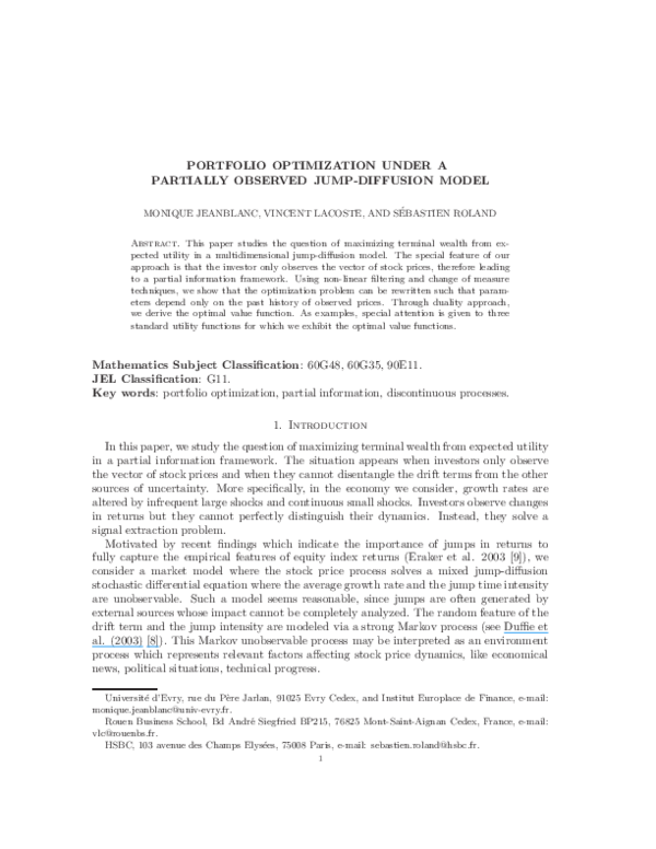 (PDF) Portfolio Optimization Under a Partially Observed Jump-Diffusion Model