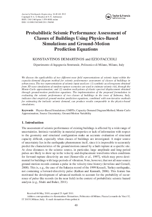 (PDF) Probabilistic Seismic Performance Assessment of Classes of Buildings Using Physics-Based ...