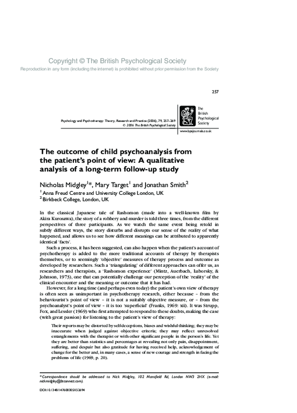 (PDF) The outcome of child psychoanalysis from the patient's point of ...