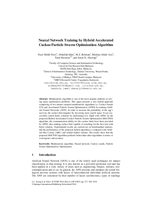 Pdf Neural Network Training By Hybrid Accelerated Cuckoo Particle Swarm Optimization Algorithm