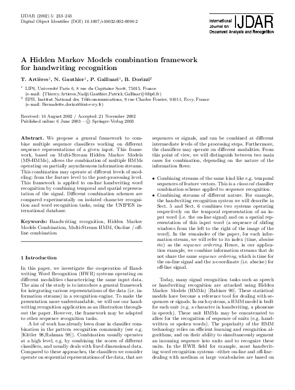 Pdf A Hidden Markov Models Combination Framework For Handwriting Recognition