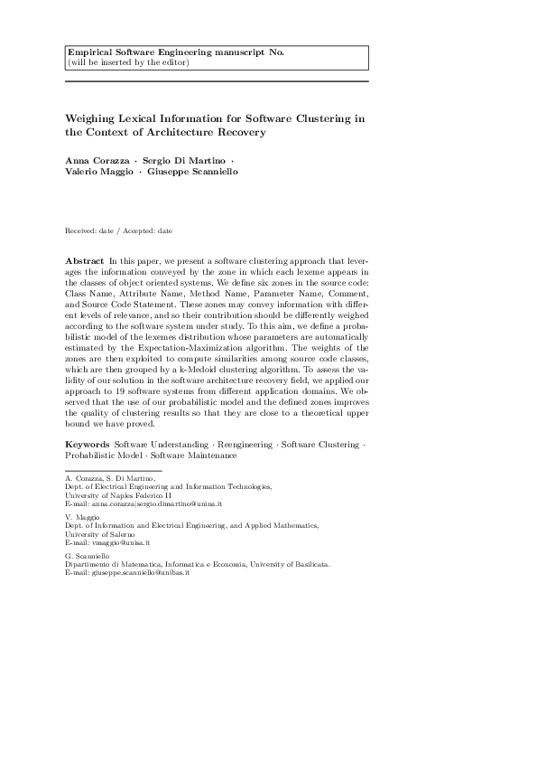 (PDF) Weighing lexical information for software clustering in the context of architecture recovery