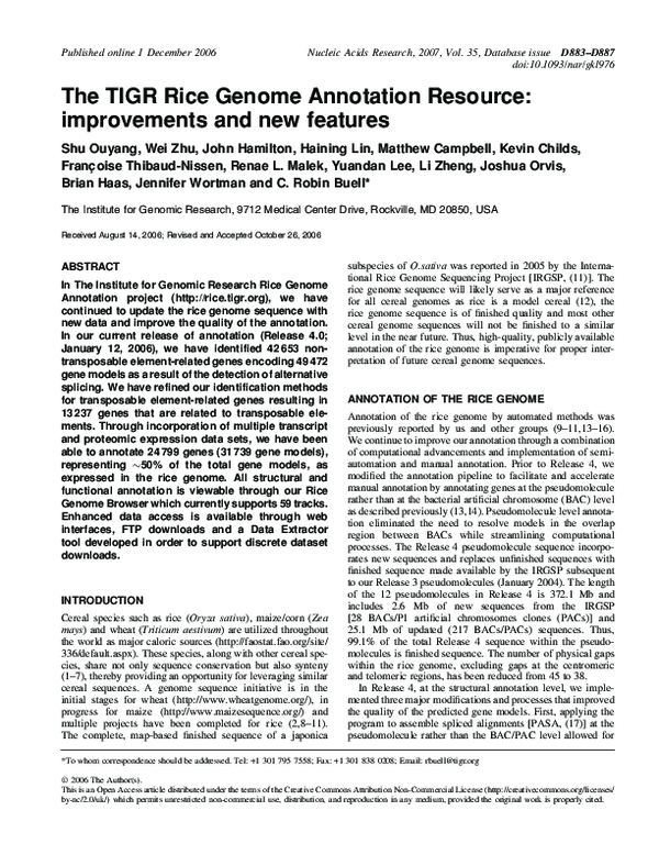 (PDF) The TIGR rice genome annotation resource: improvements and new ...