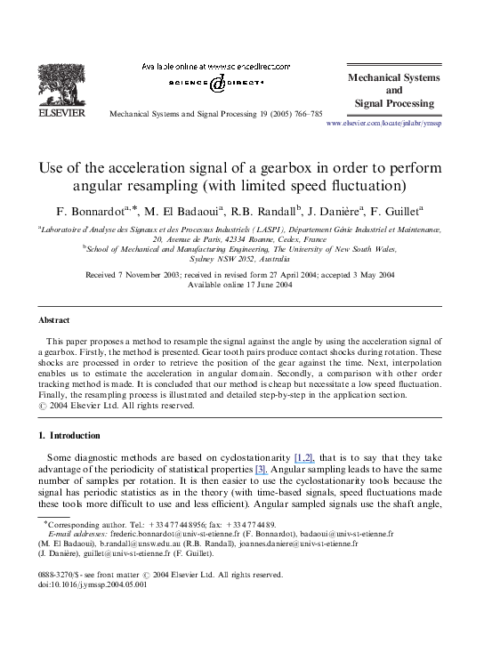 (PDF) Use of the acceleration signal of a gearbox in order to perform angular resampling (with ...