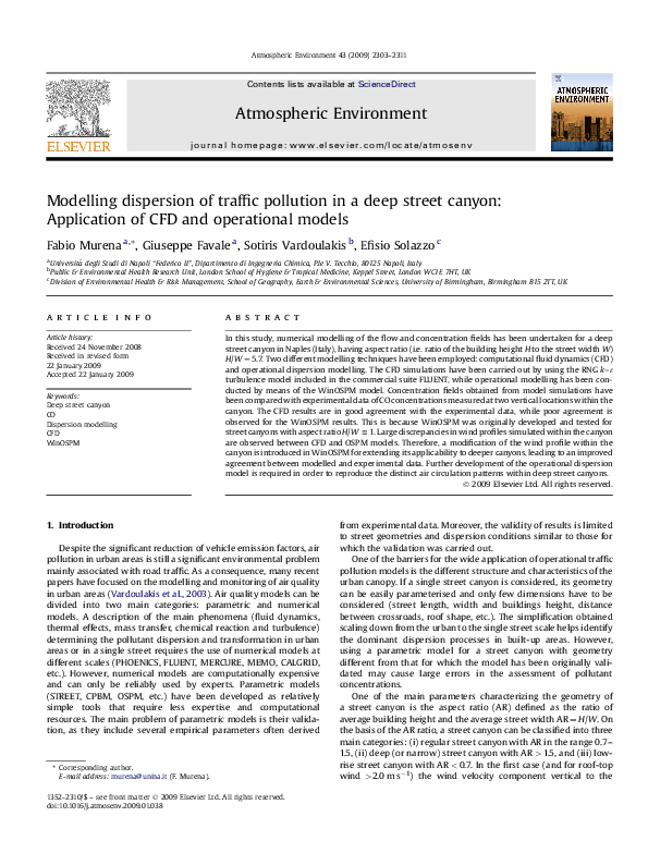 Pdf Modelling Dispersion Of Traffic Pollution In A Deep Street Canyon Application Of Cfd And