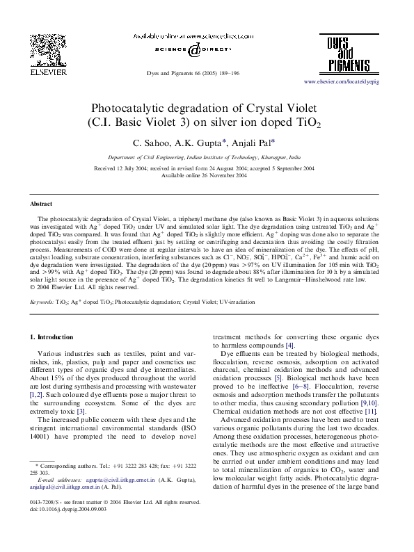 (PDF) Photocatalytic degradation of Crystal Violet (C.I. Basic Violet 3 ...