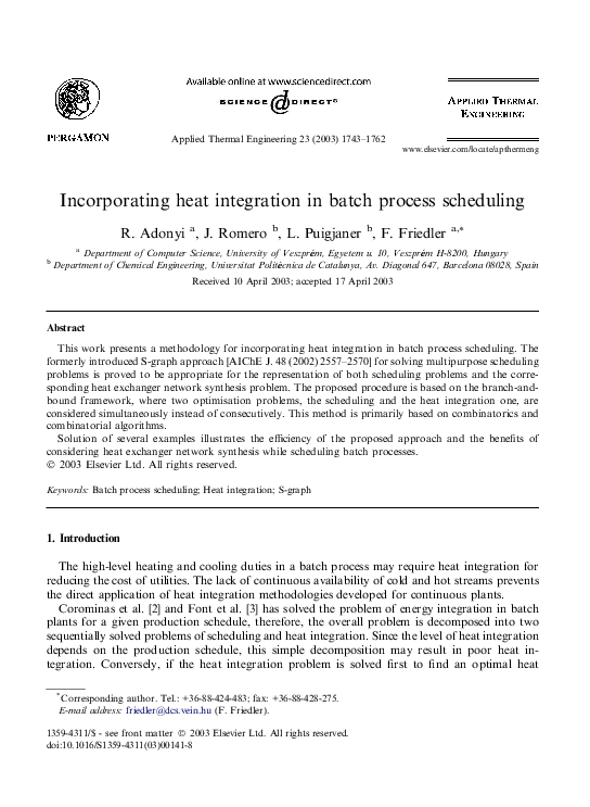(PDF) Incorporating heat integration in batch process scheduling