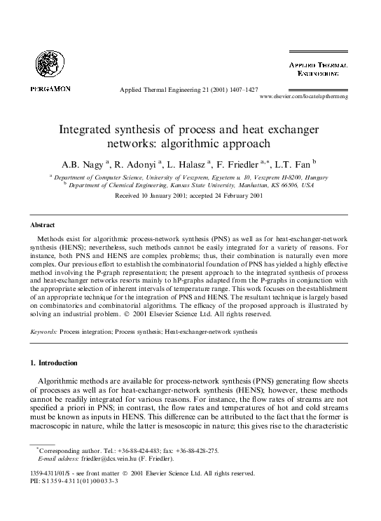 (PDF) Integrated synthesis of process and heat exchanger networks: algorithmic approach