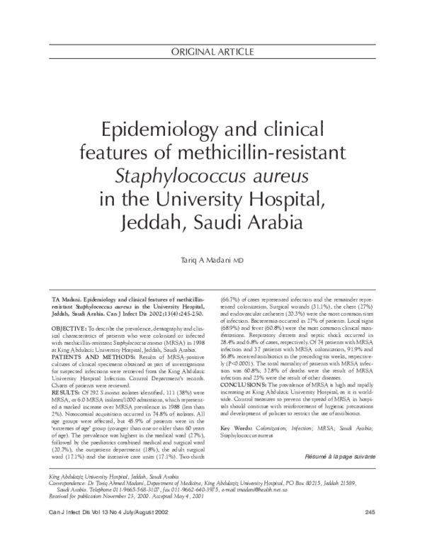 (PDF) Epidemiology and clinical features of methicillin-resistant Staphylococcus aureus in the ...