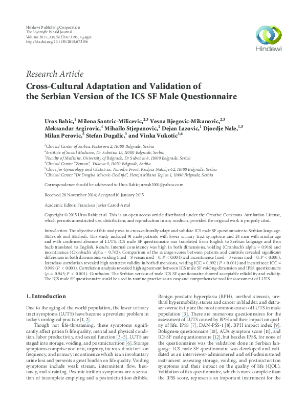 Pdf Serbian Validation Of Ics Male Sf Questionnaire