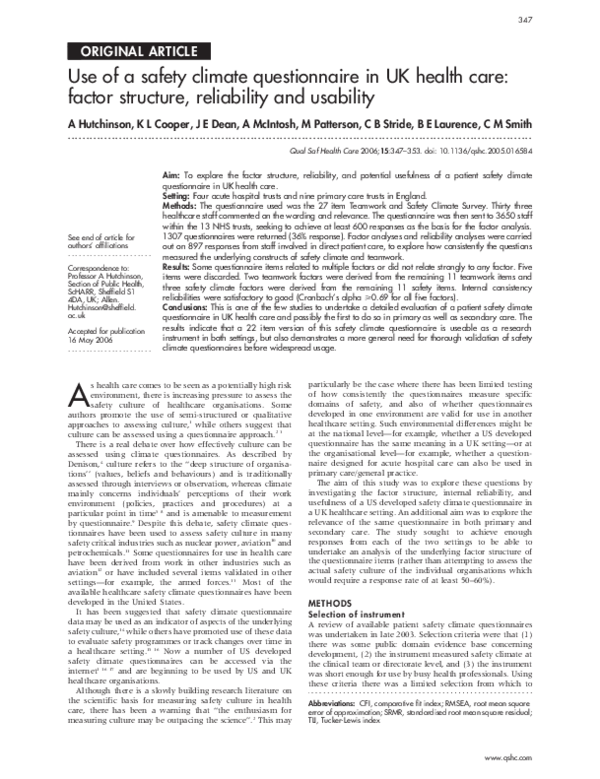 (PDF) Use of a safety climate questionnaire in UK health care: factor ...