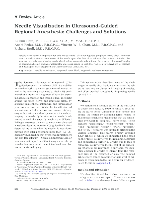 (PDF) Needle Visualization in Ultrasound-Guided Regional Anesthesia ...