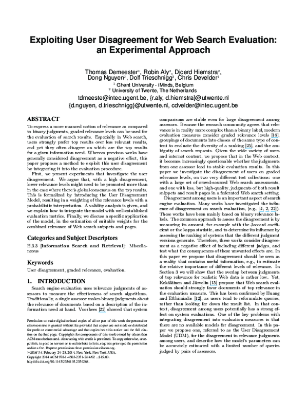 (PDF) Exploiting user disagreement for web search evaluation