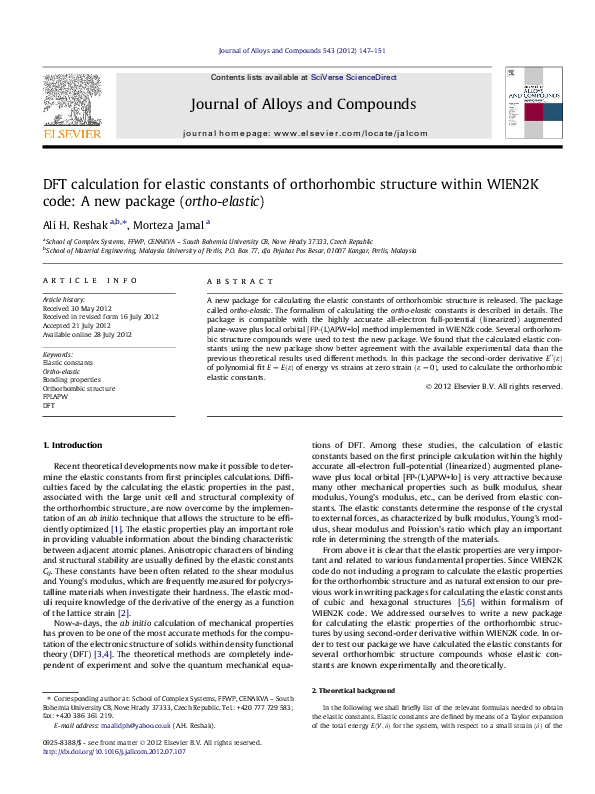 (PDF) DFT calculation for elastic constants of orthorhombic structure within WIEN2K code: A new ...