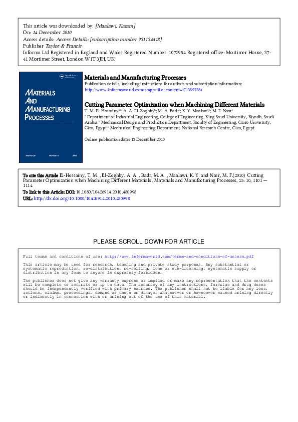 Pdf Cutting Parameter Optimization When Machining Different Materials