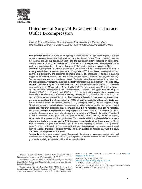 (PDF) Outcomes of surgical paraclavicular thoracic outlet decompression