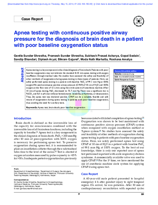 (PDF) Apnea testing with continuous positive airway pressure for the ...