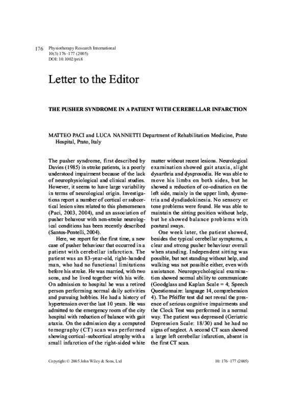(PDF) The pusher syndrome in a patient with cerebellar infarction ...