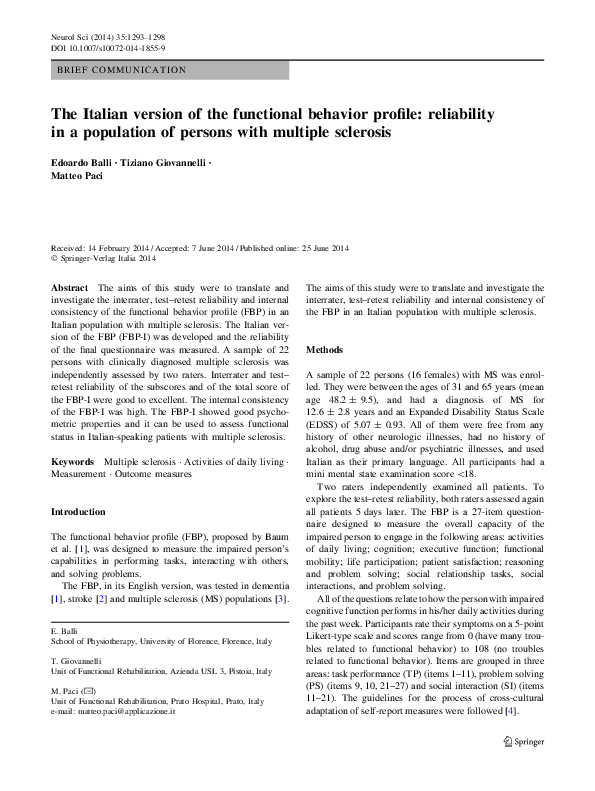 (PDF) The Italian version of the functional behavior profile ...