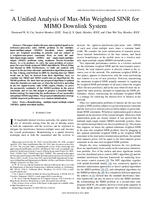 (PDF) A Unified Analysis of Max-Min Weighted SINR for MIMO Downlink System