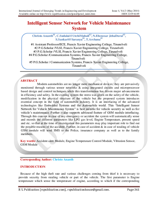 (PDF) Intelligent sensor Network for Vehicle Maintenance system