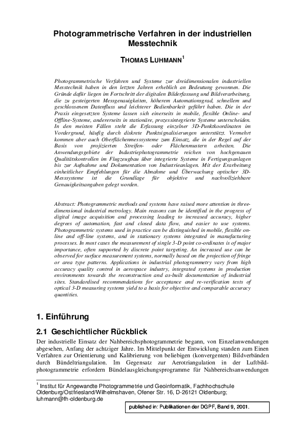 (PDF) Photogrammetrische Verfahren in der industriellen Messtechnik