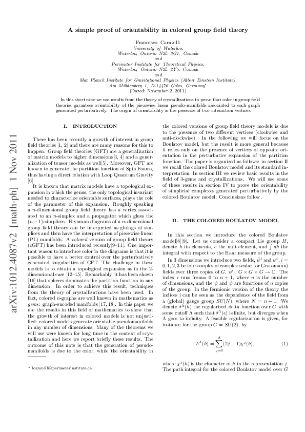 (PDF) A simple proof of orientability in colored group field theory