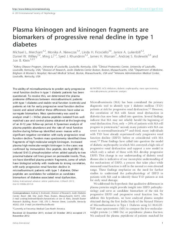 (PDF) Plasma kininogen and kininogen fragments are biomarkers of ...