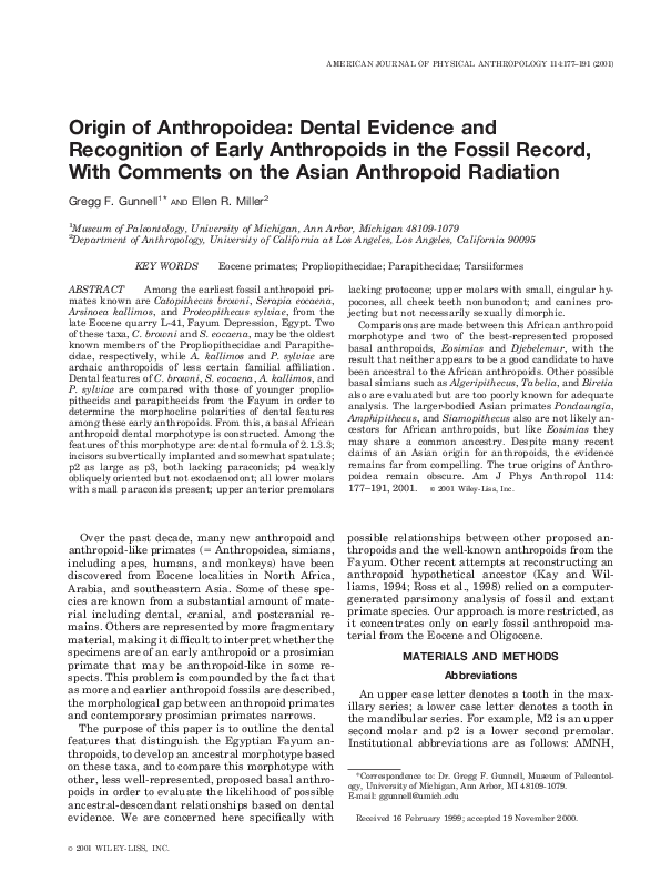 (PDF) Origin of anthropoidea: Dental evidence and recognition of early ...
