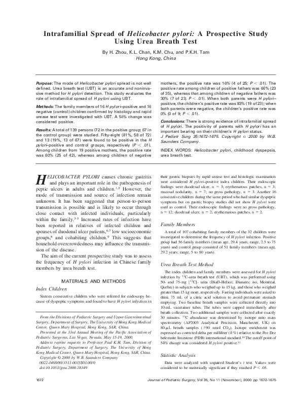 (PDF) Intrafamilial spread of Helicobacter pylori: A prospective study ...
