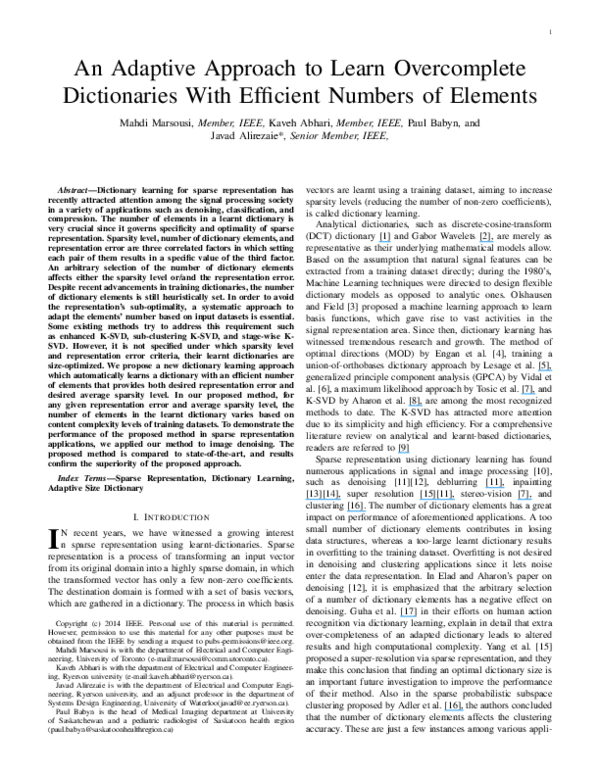 Pdf An Adaptive Approach To Learn Overcomplete Dictionaries With Efficient Numbers Of Elements