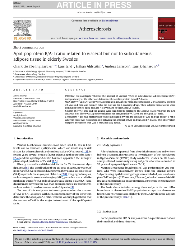(PDF) ApoB/A-I Ratio Linked to Visceral Adipose Tissue