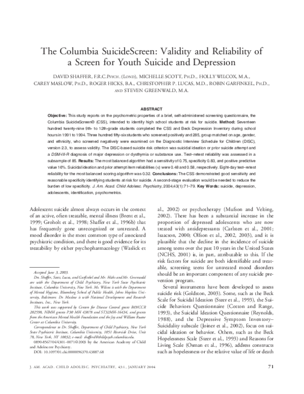(PDF) The Columbia SuicideScreen: Validity and Reliability of a Screen ...