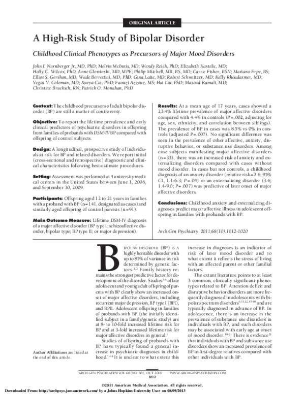(PDF) A high-risk study of bipolar disorder: Childhood clinical ...