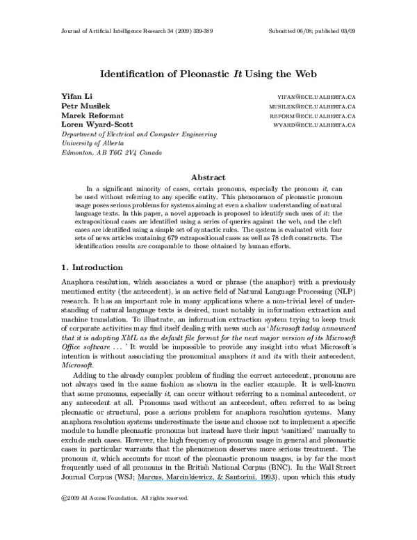 (PDF) Identification of Pleonastic It Using the Web