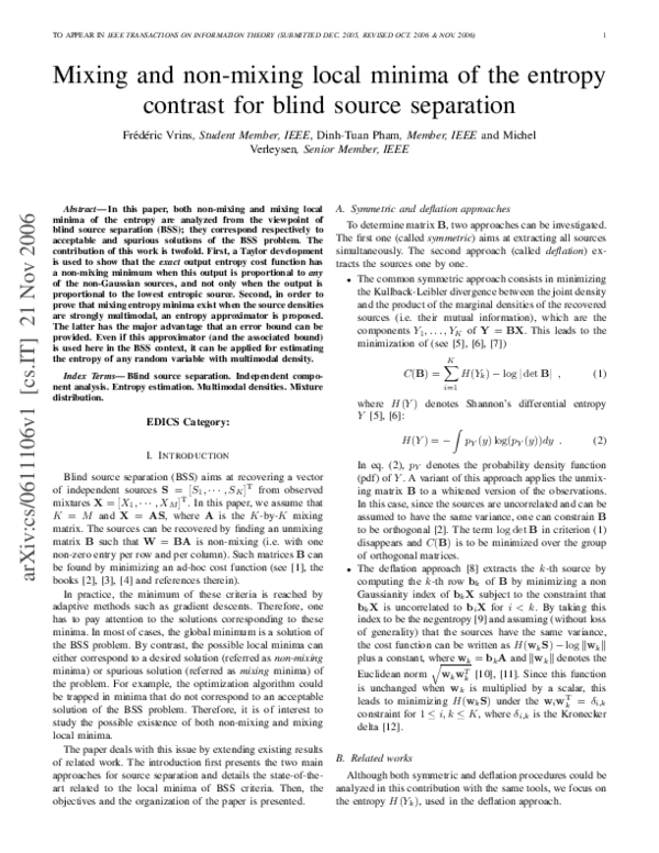 (PDF) Mixing and non-mixing local minima of the entropy contrast for blind source separation ...