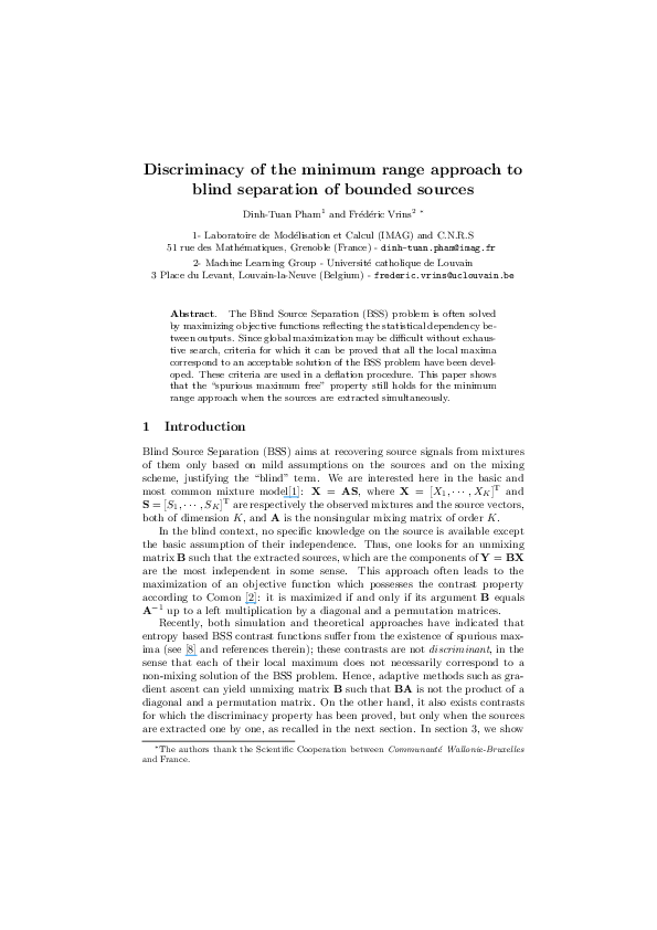 (PDF) Discriminacy of the minimum range approach to blind separation of bounded sources