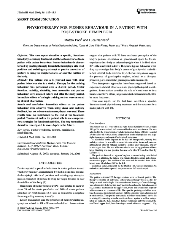 (PDF) Physiotherapy for pusher behaviour in a patient withpost‐stroke ...
