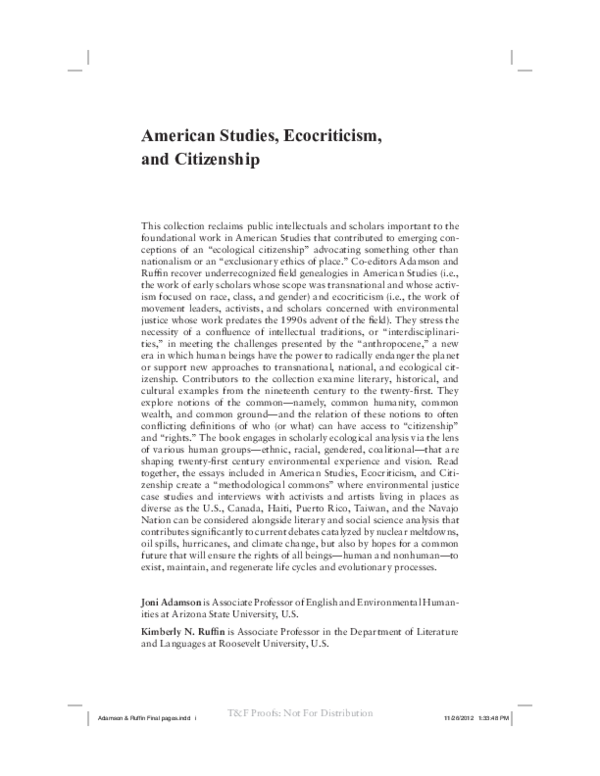 (PDF) American Studies, Ecocriticism and Citizenship: Thinking and ...