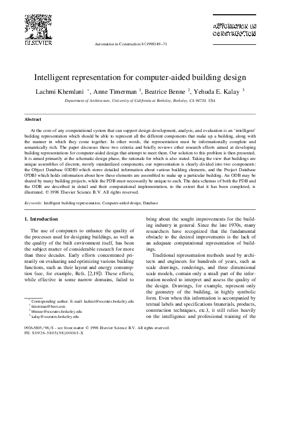 (PDF) Intelligent representation for computer-aided building design | Yehuda E. Kalay - Academia.edu