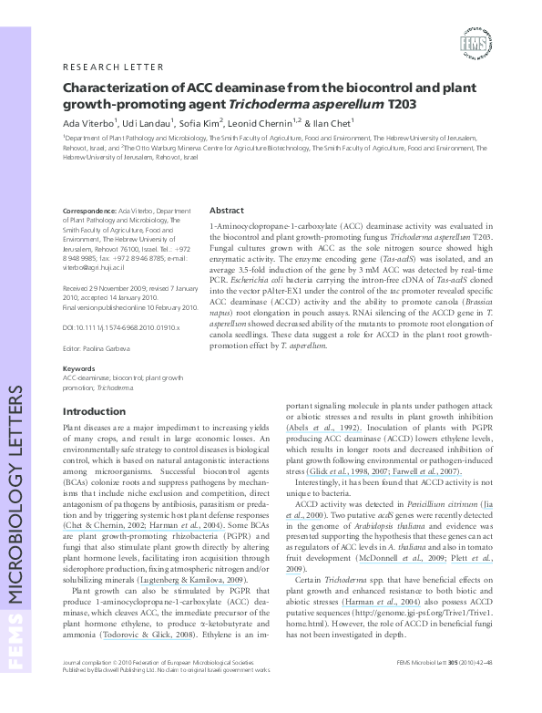 (PDF) Characterization of ACC deaminase from the biocontrol and plant growth-promoting agent ...