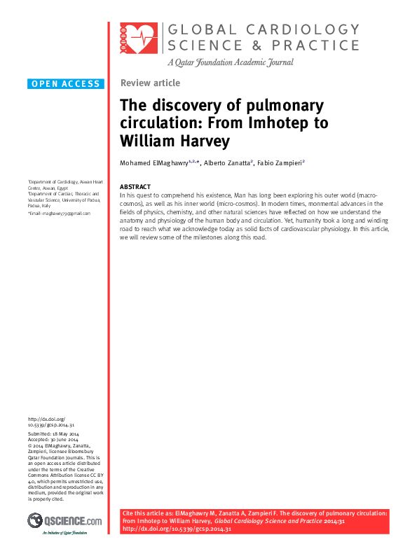 (PDF) The discovery of pulmonary circulation: From Imhotep to William Harvey