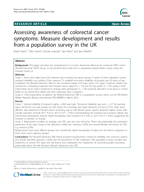 (PDF) Assessing awareness of colorectal cancer symptoms: Measure ...