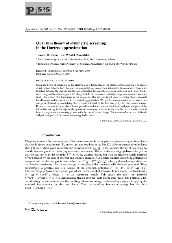 (PDF) Quantum theory of symmetric screening in the Hartree approximation
